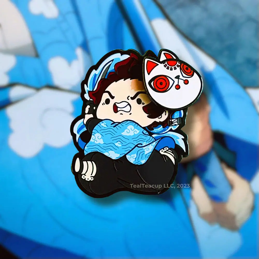Tanjiro-Run Water Pin with Magnetic Mask enamel pin- tealteacup llc